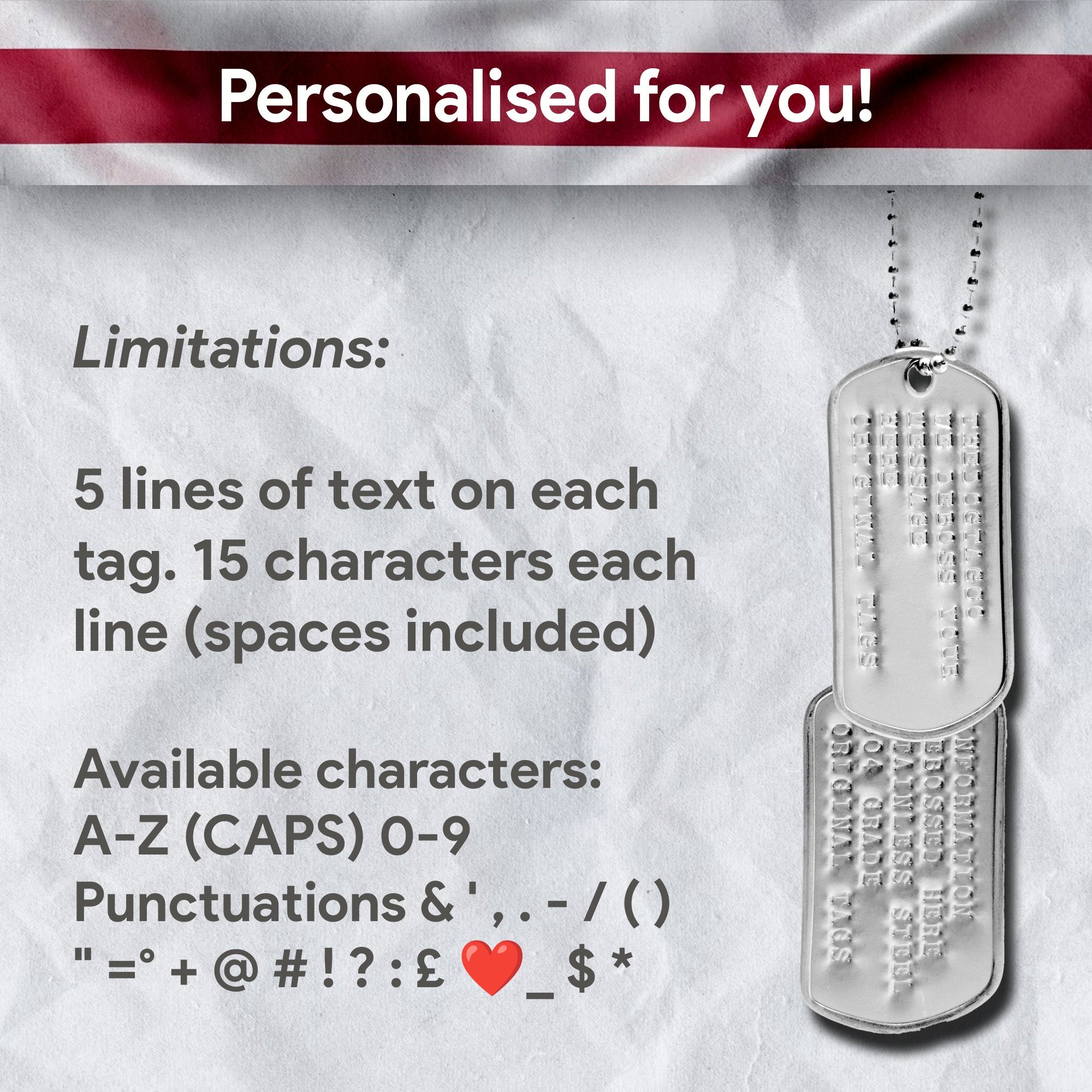 PERSONALISED DEBOSSED US-Spec Military Dog Tags Set & Chains 304-Grade ...