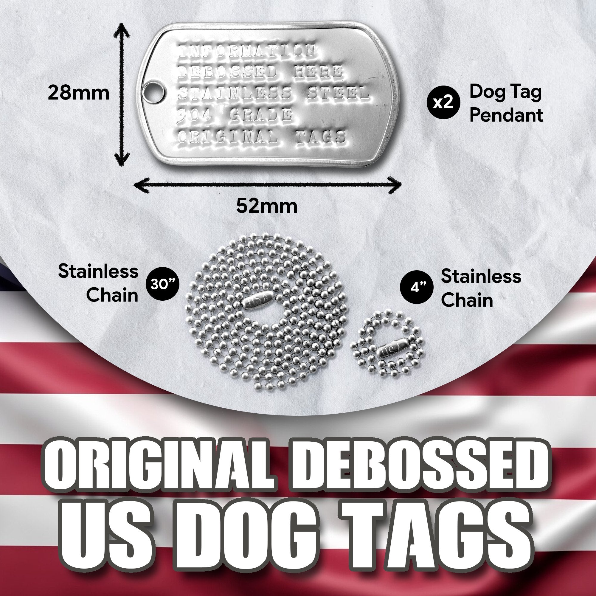 PERSONALISED DEBOSSED US-Spec Military Dog Tags Set & Chains 304-Grade ...